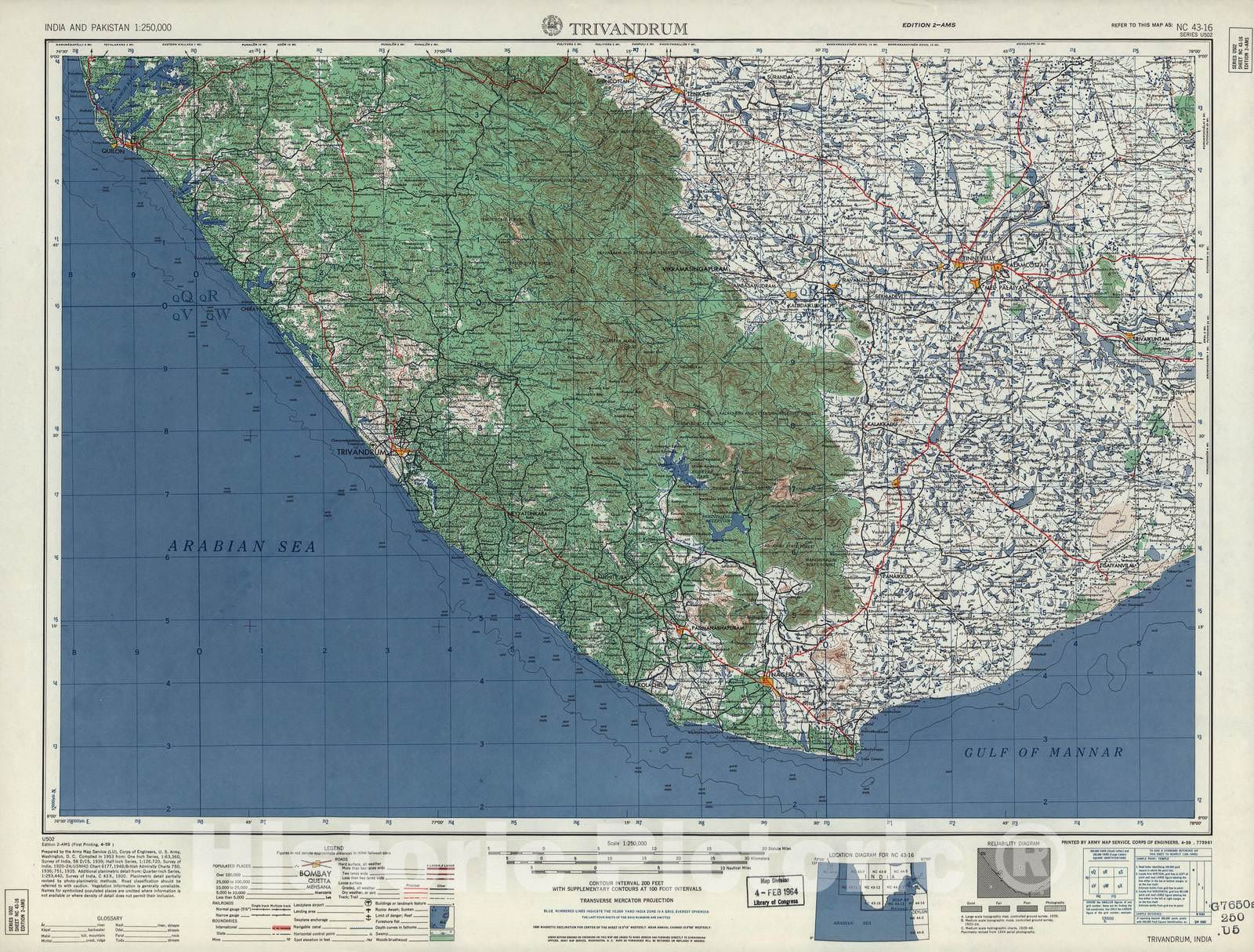 Historic 1955 Map - India and Pakistan 1:250,000. - Trivandrum, 1959 ...