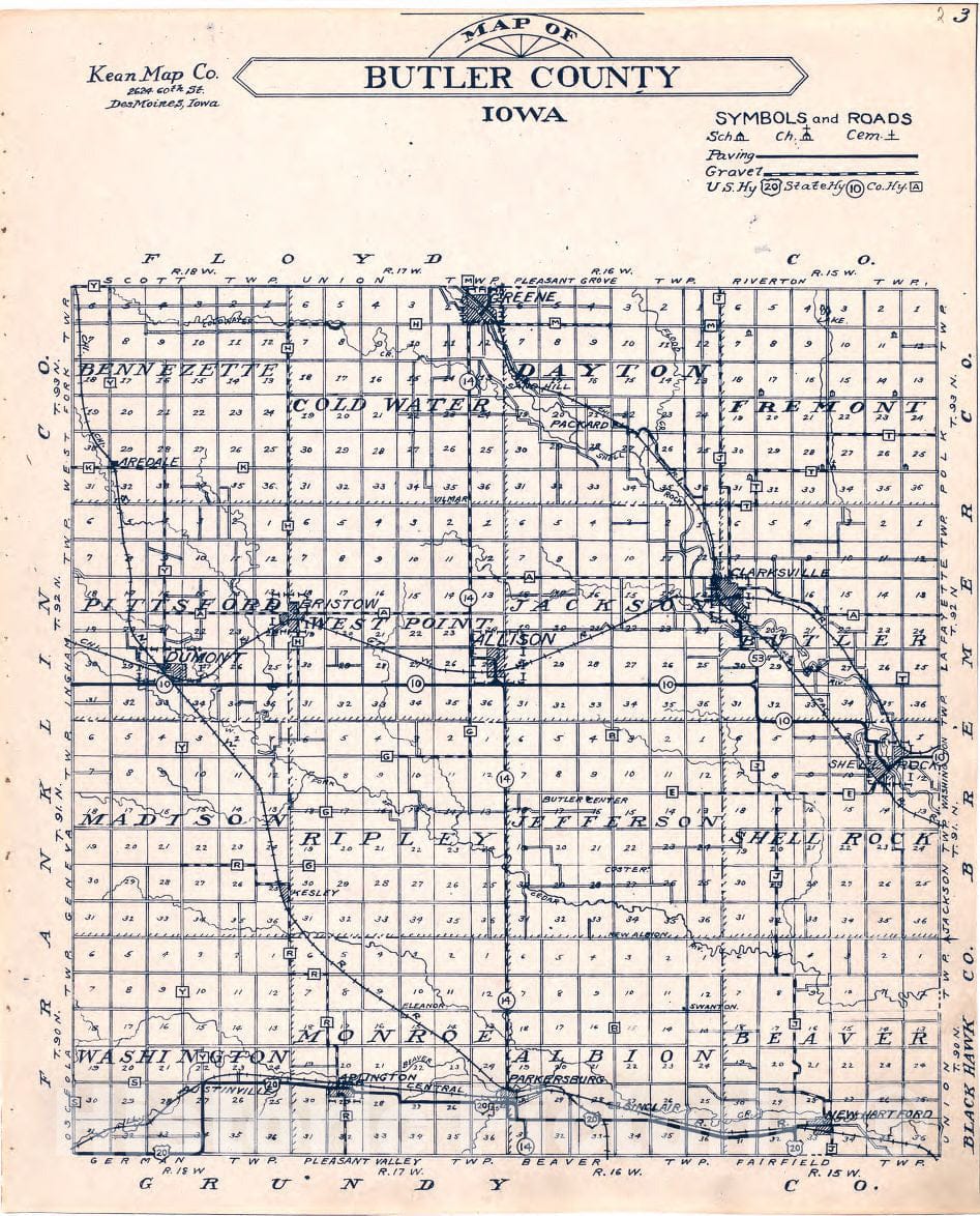Historic 1930 Map - Atlas of Butler County, Iowa. - Map of Butler Coun ...