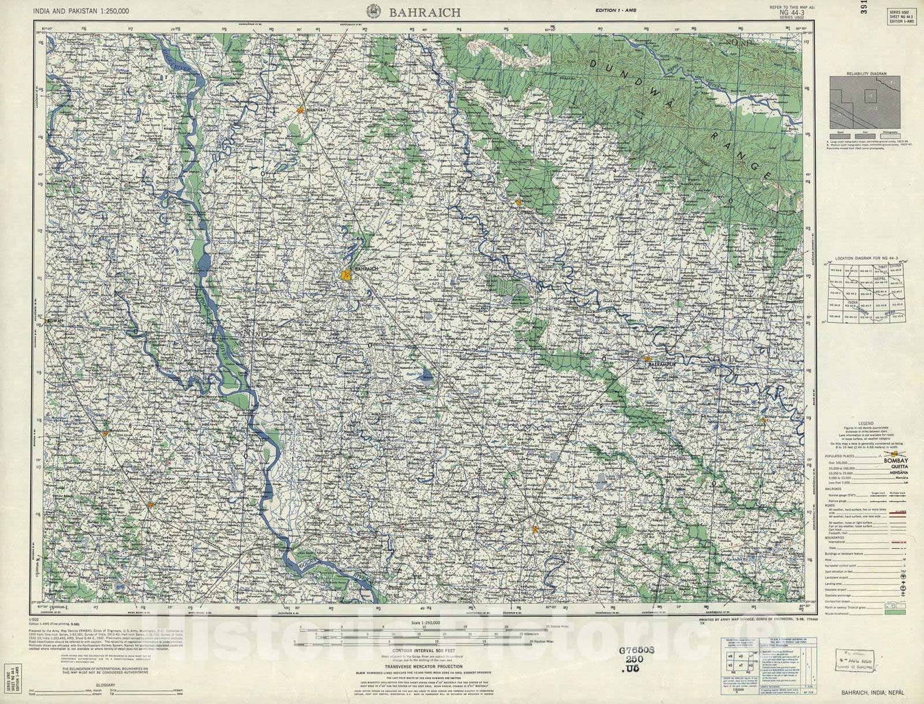 Historic 1955 Map - India and Pakistan 1:250,000. - Bahraich, India, N ...