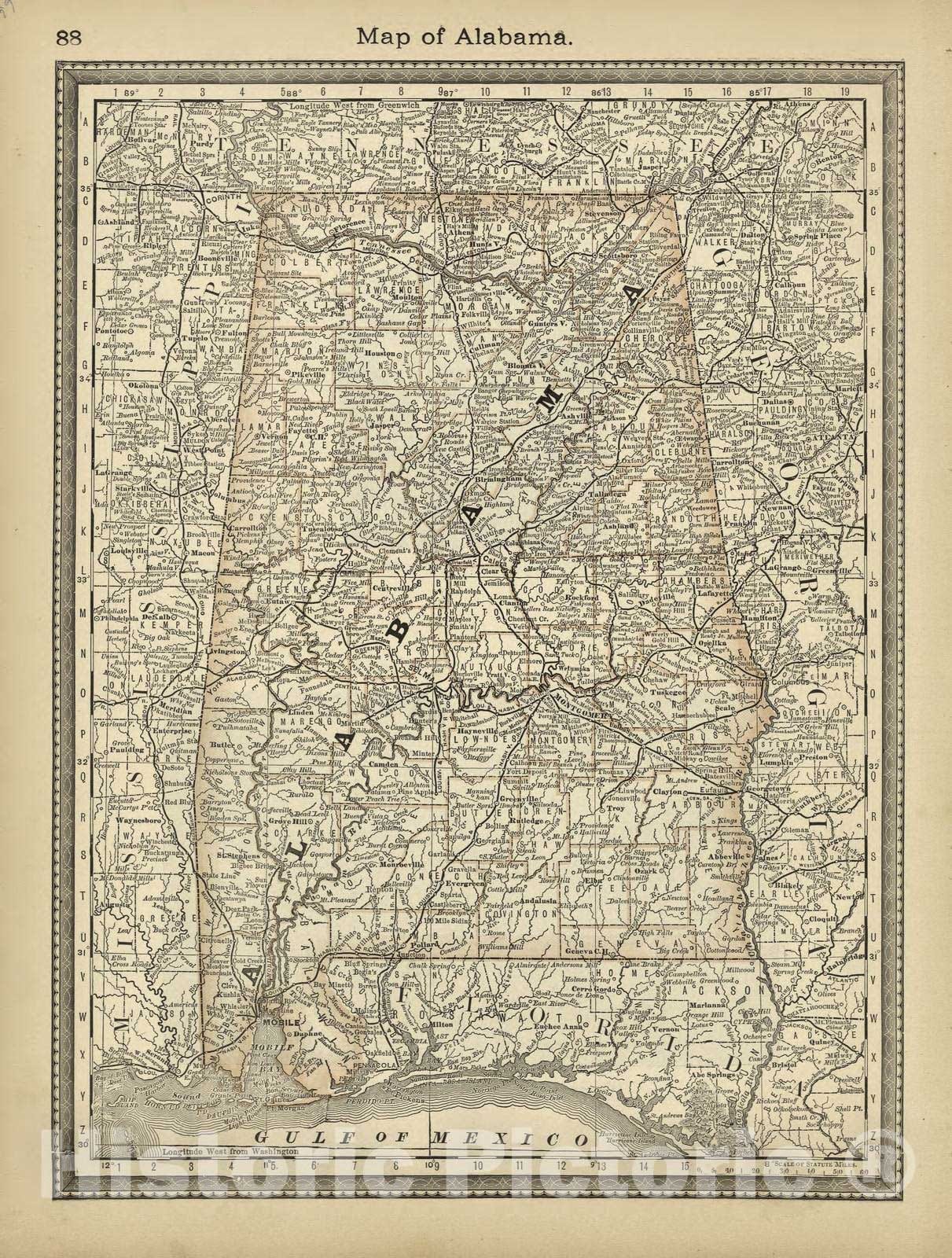 Historic 1882 Map - Historical Hand-Atlas, Illustrated - Map of Alabam ...