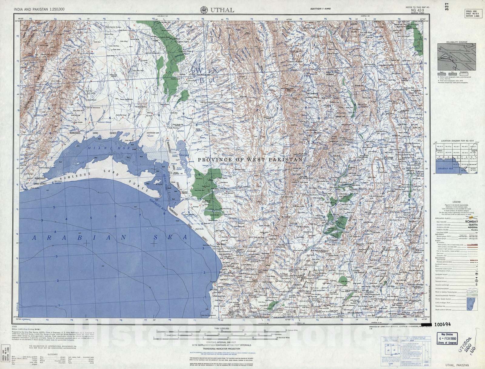 Historic 1955 Map - India and Pakistan 1:250,000. - Uthal, Pakistan 19 ...