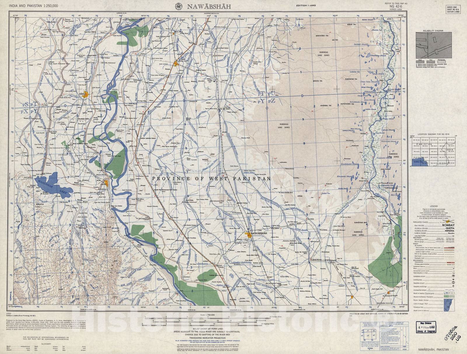 Historic 1955 Map - India and Pakistan 1:250,000. - Nawabshah, Pakista ...