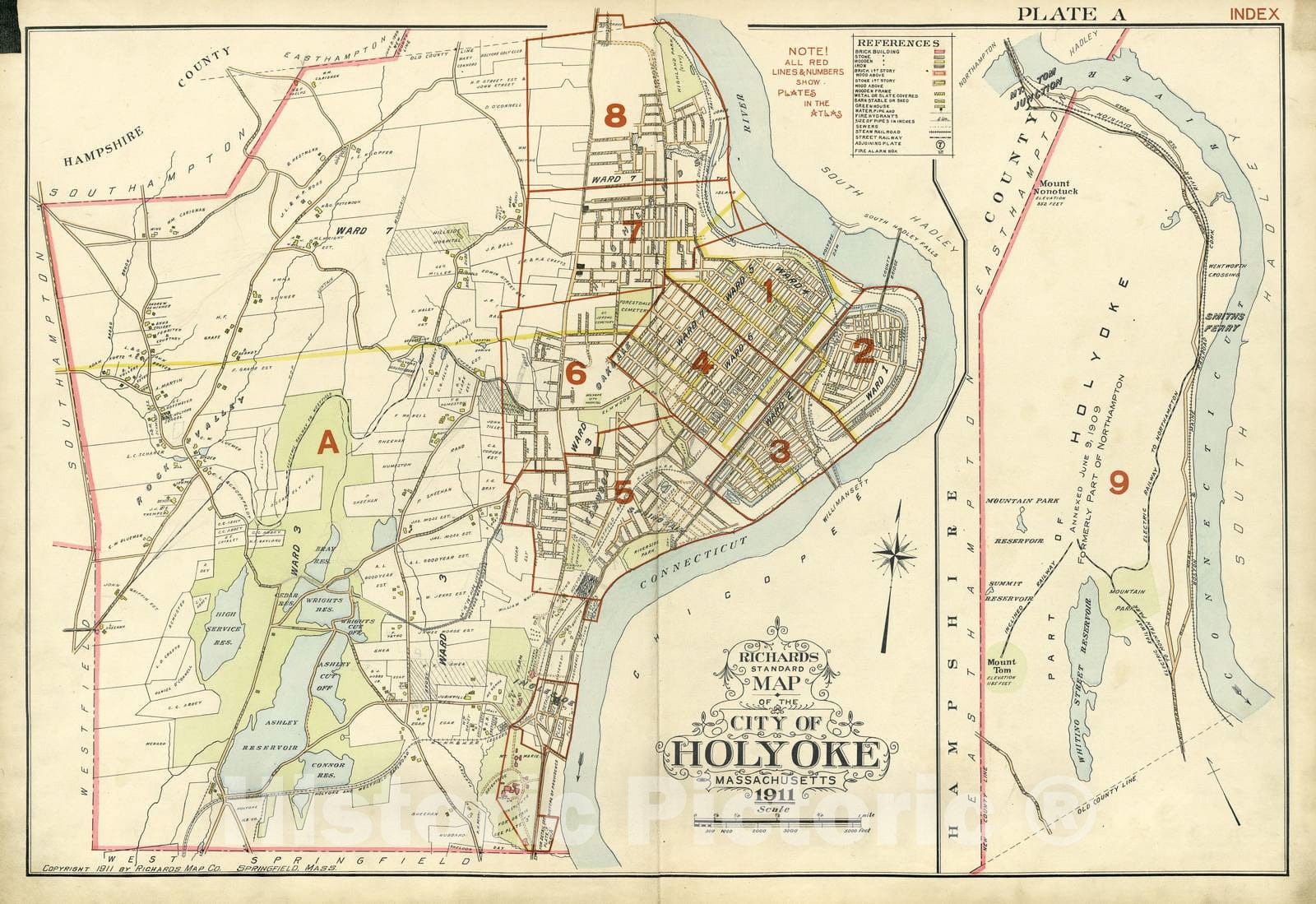 Historic 1911 Map - Richards Standard Atlas of The City of Holyoke, Ma ...