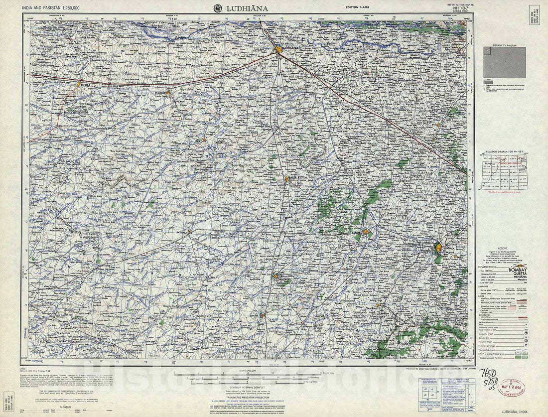 Historic 1955 Map - India and Pakistan 1:250,000. - Ludhiana, India 19 ...