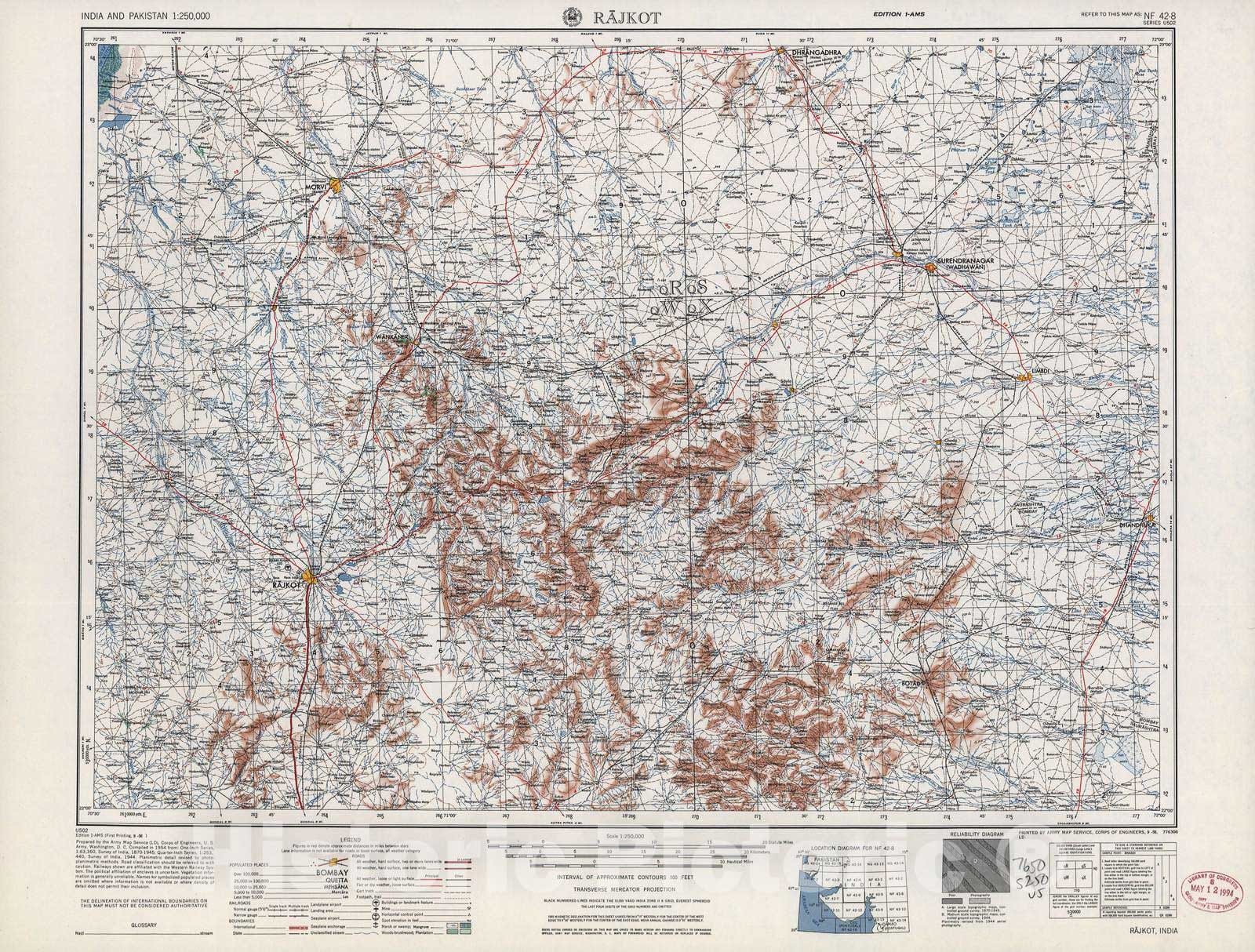 Historic 1955 Map - India and Pakistan 1:250,000. - Rajkot, 1956 ...