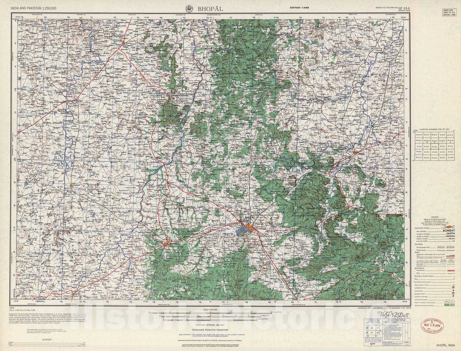 Historic 1955 Map - India and Pakistan 1:250,000. - Bhopal, 1959 ...