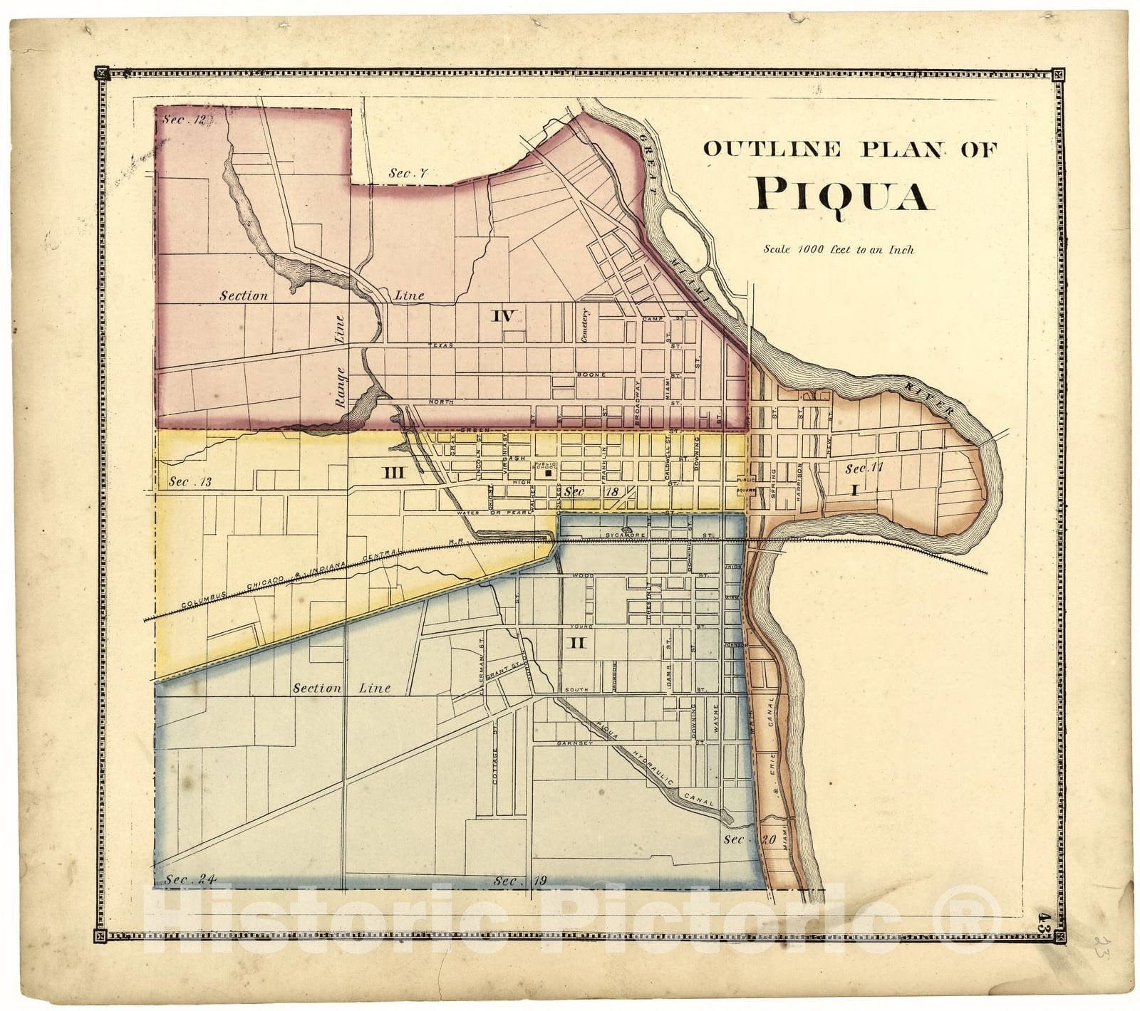 Historic 1871 Map - Atlas of Miami Co, Ohio - Outline Plan of Piqua ...