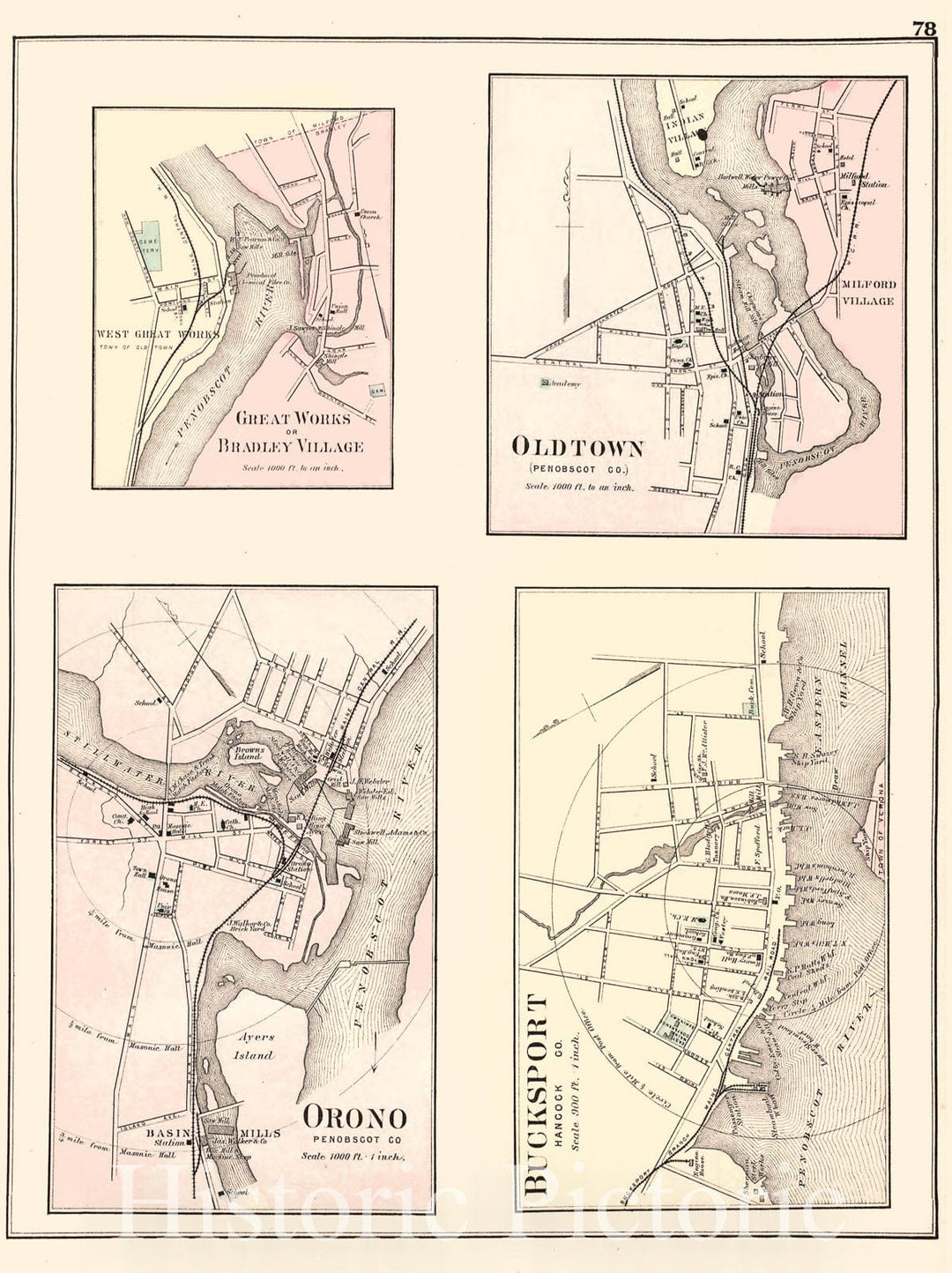 Historic 1887 Map - Colby's Atlas of The State of Maine - Great Works ...