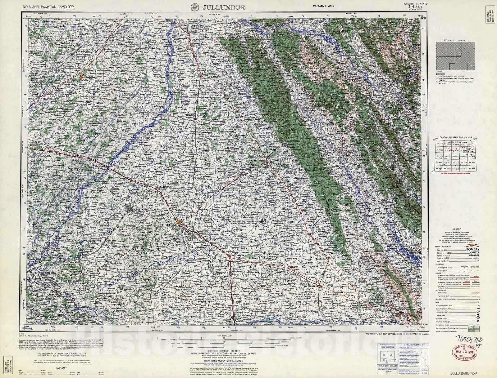 Historic 1955 Map - India and Pakistan 1:250,000. - Jullundur, India 1 ...