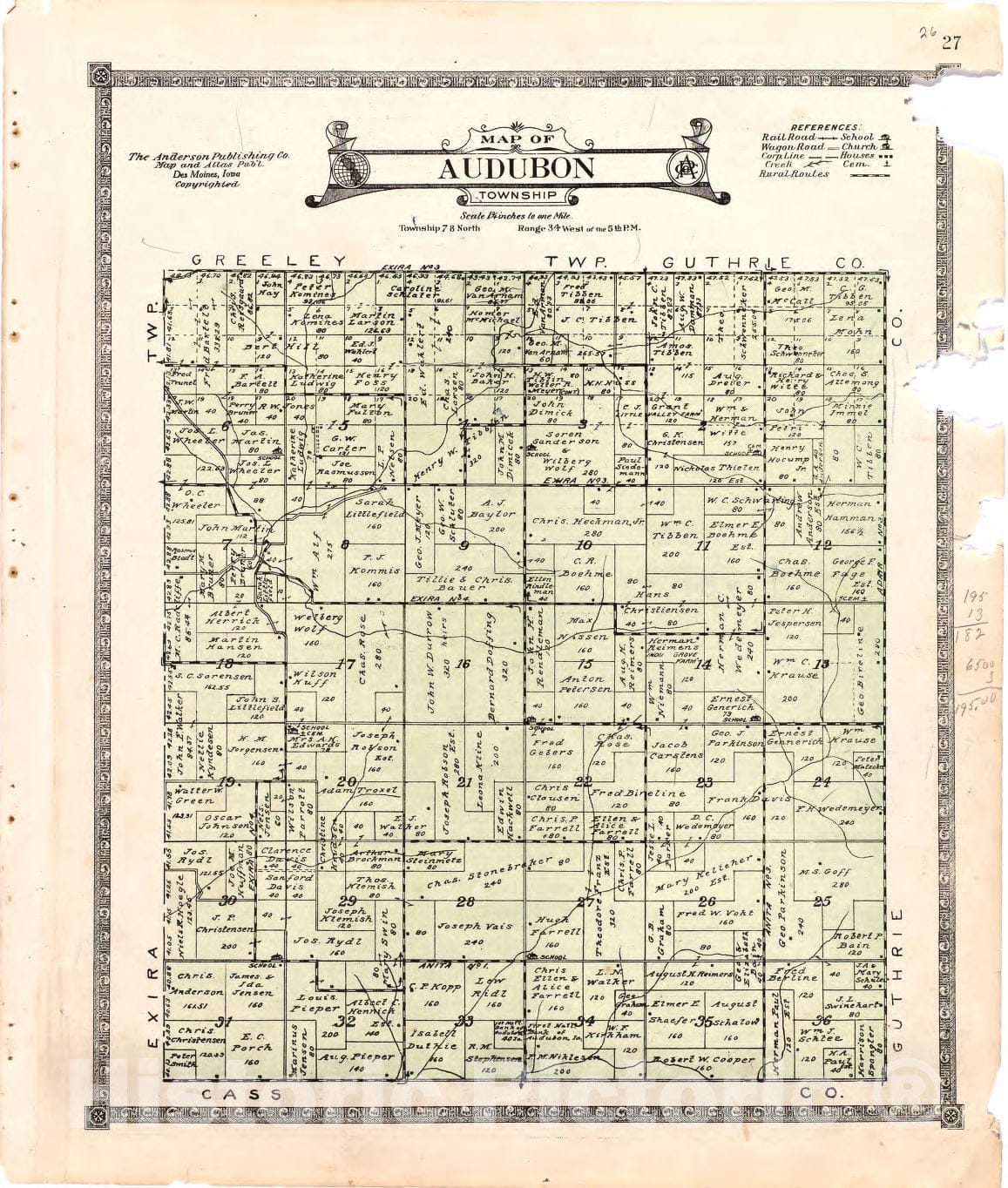 Historic 1921 Map - Atlas of Audubon County, Iowa - Map of Audubon Tow ...