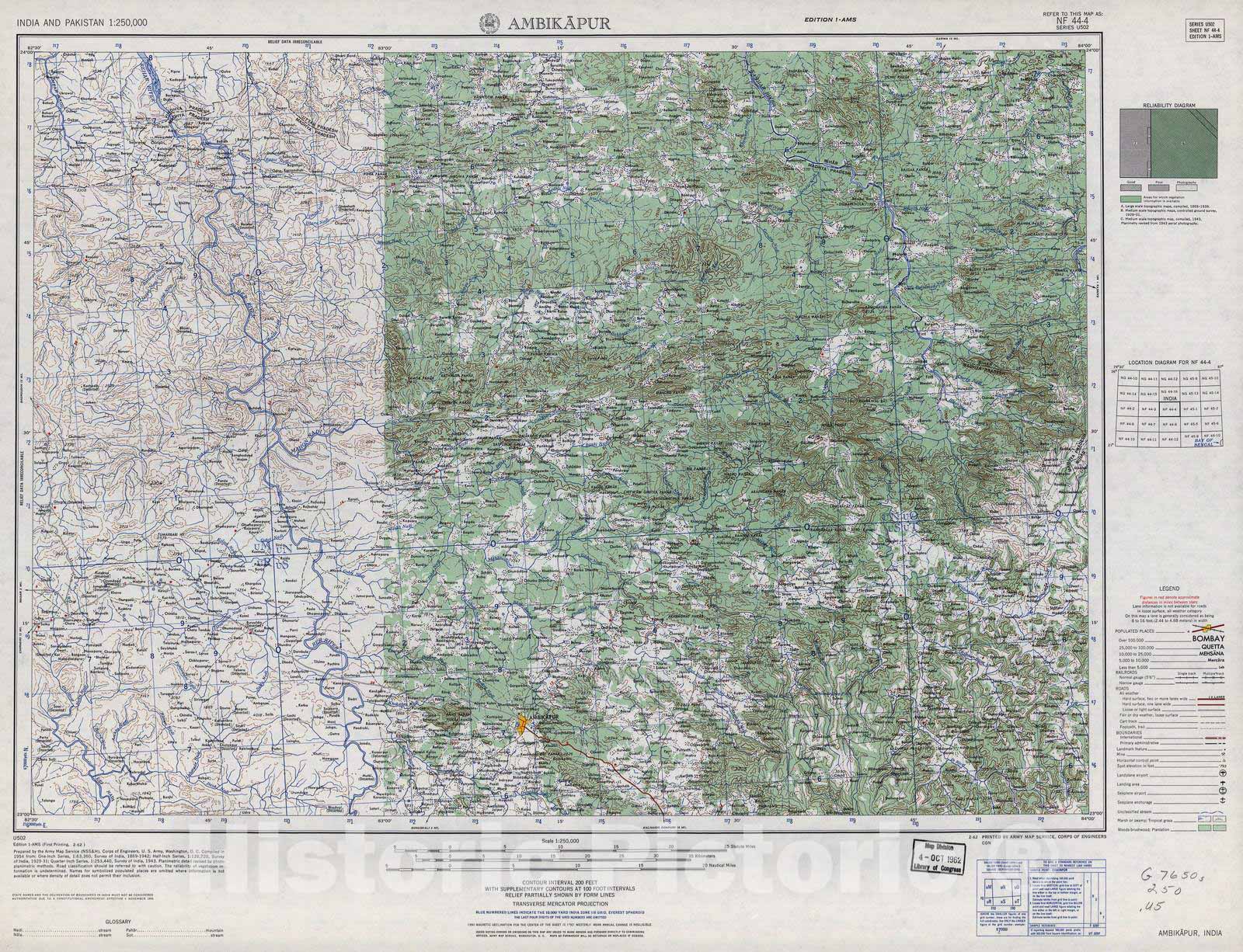 Historic 1955 Map - India and Pakistan 1:250,000. - Ambikapur, 1962 ...
