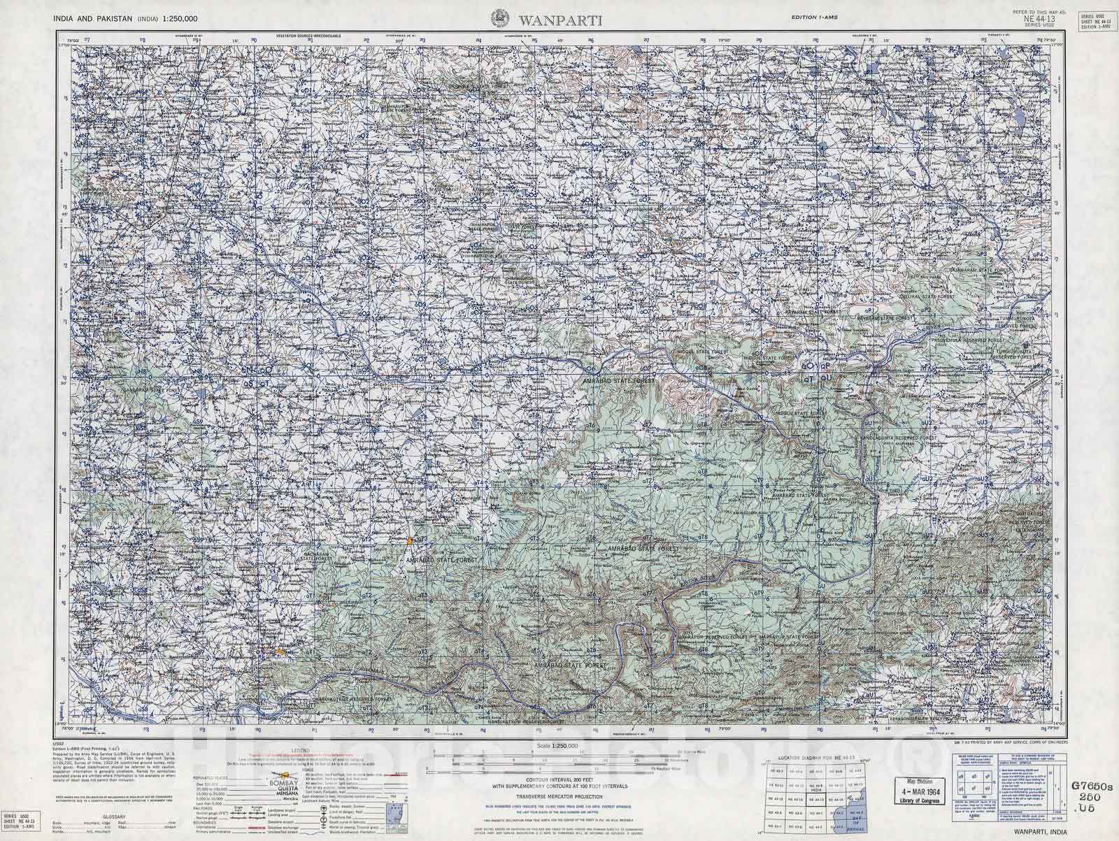 Historic 1955 Map - India and Pakistan 1:250,000. - Wanparti, 1963 ...