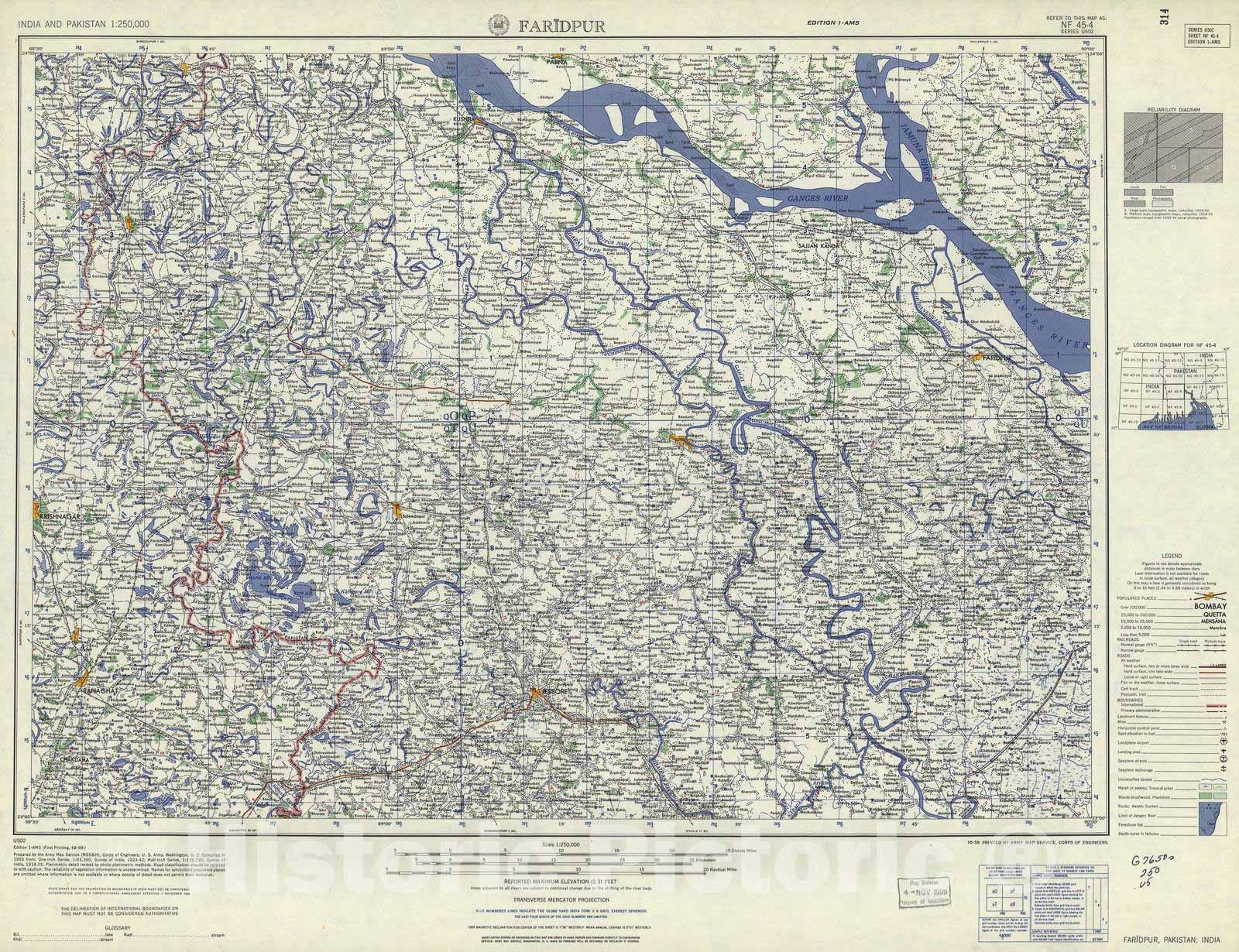 Historic 1955 Map - India and Pakistan 1:250,000. - Faridpur, 1959 ...