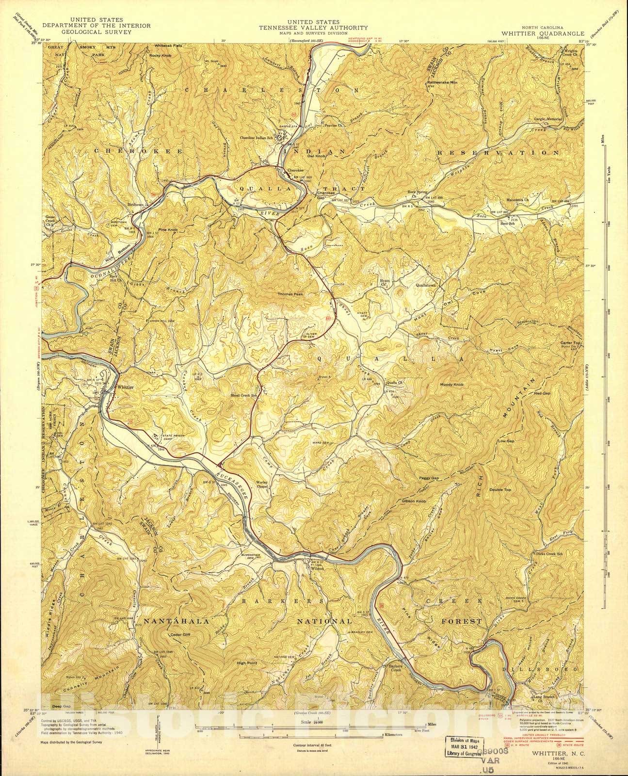 Historic 1935 Map - North Carolina. - Scale 1:24,000 (1941) - Whittier ...