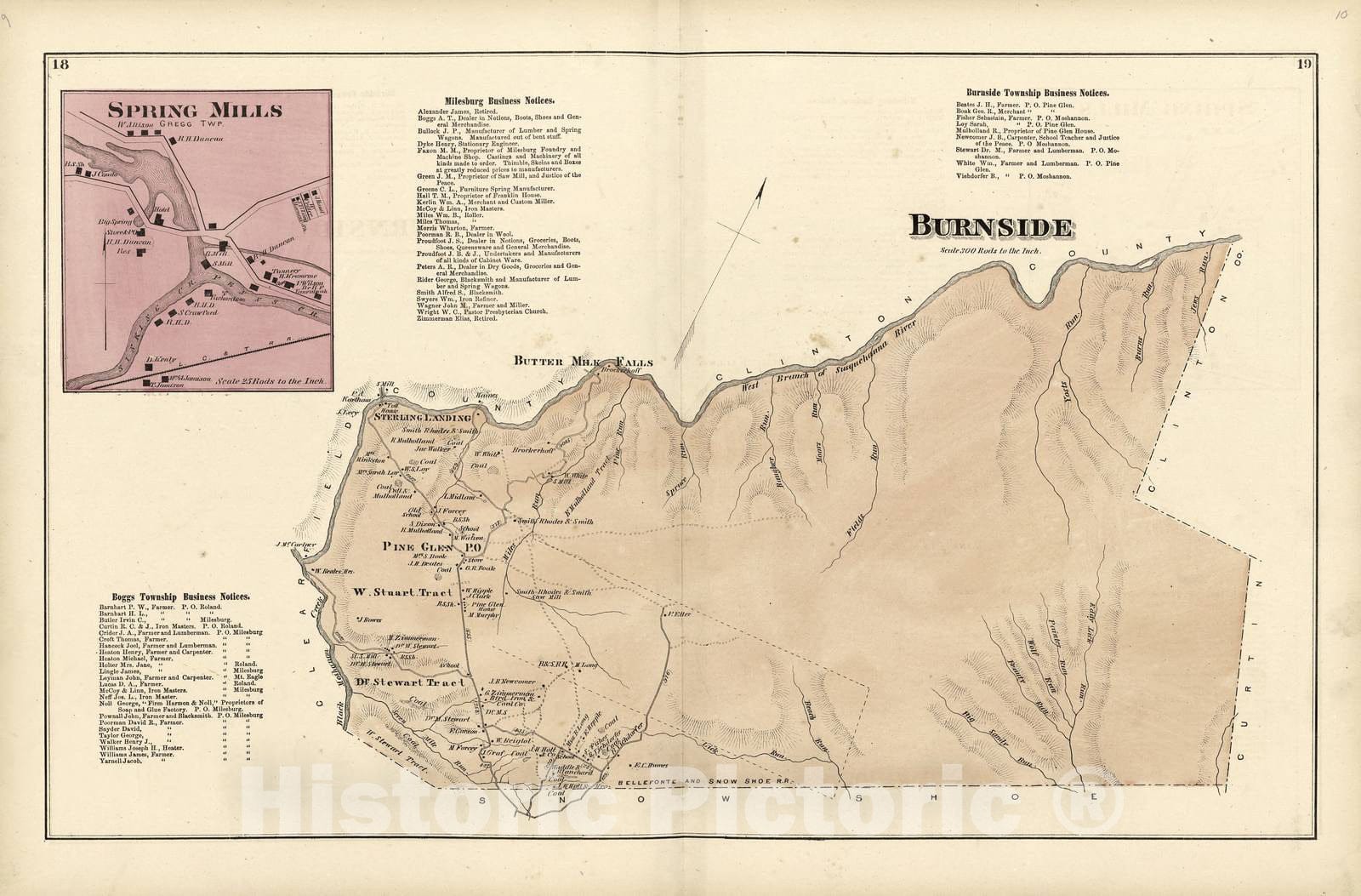 Historic 1874 Map - Atlas of Centre County, Pennsylvania - Burnside; S ...
