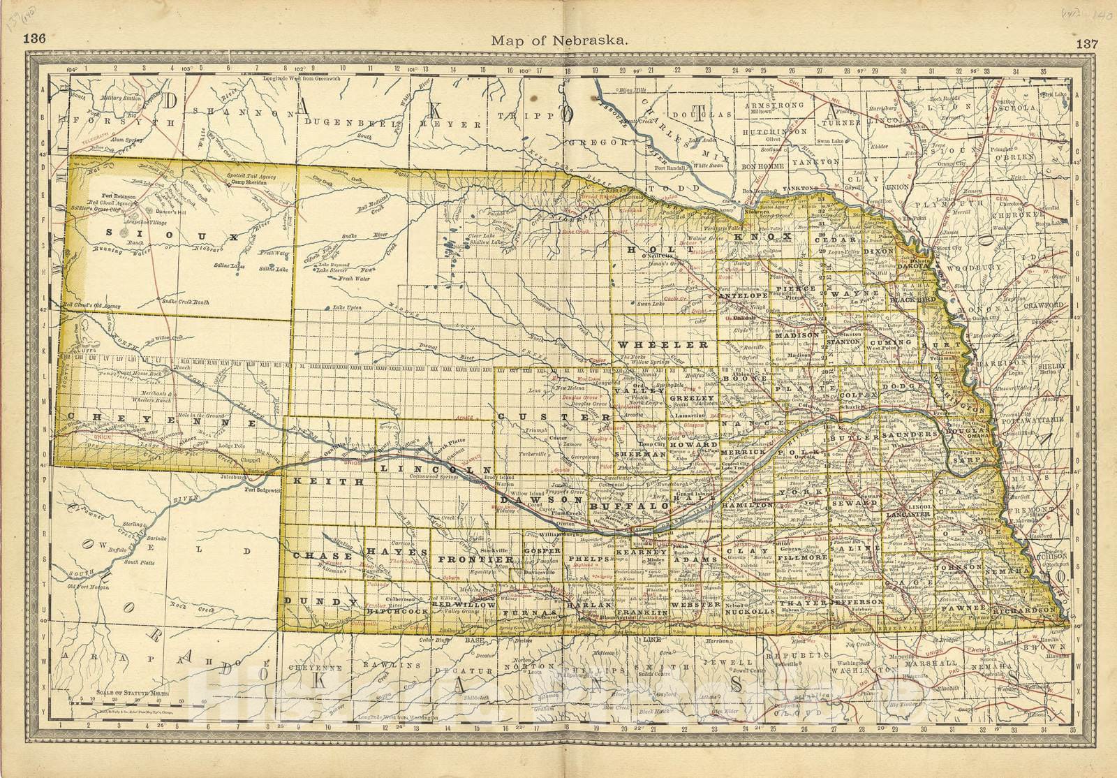 Historic 1881 Map - Historical Hand-Atlas, Illustrated - Map of Nebras ...