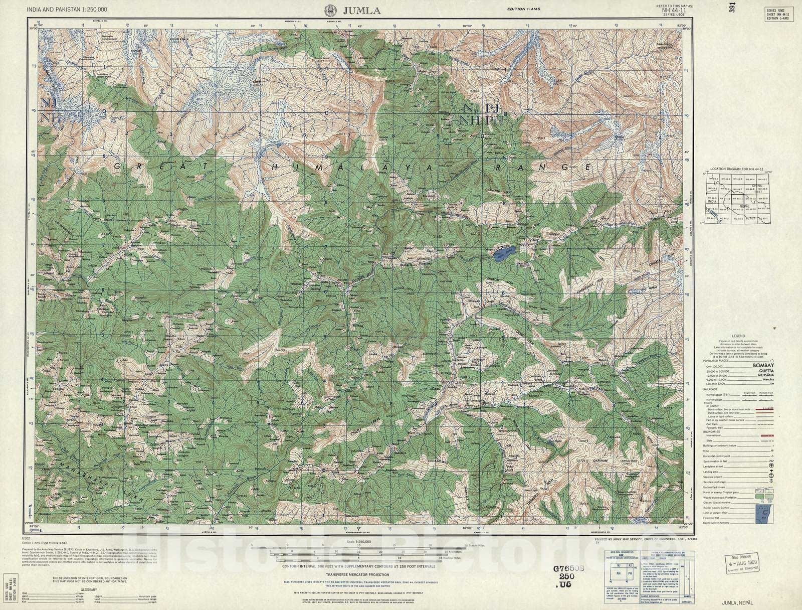 Historic 1955 Map - India and Pakistan 1:250,000. - Jumla, Nepal 1958 ...