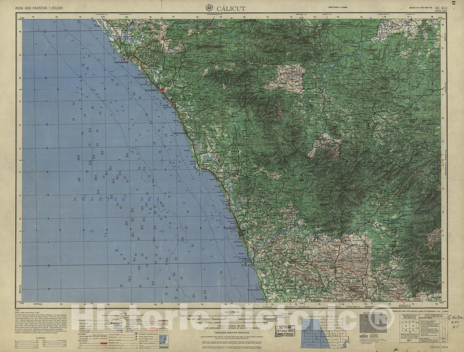 Historic 1955 Map - India and Pakistan 1:250,000. - Calicut, 1955 ...