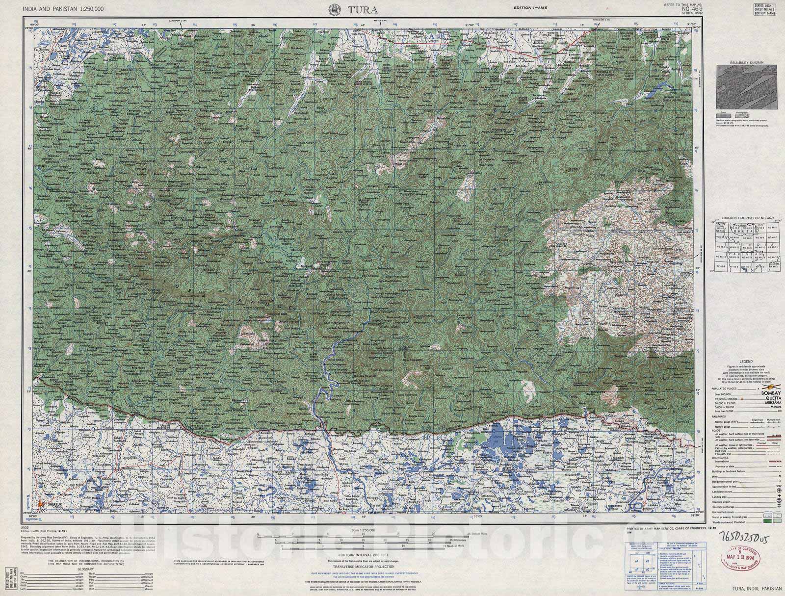 Historic 1955 Map - India and Pakistan 1:250,000. - Tura, India, Pakis ...