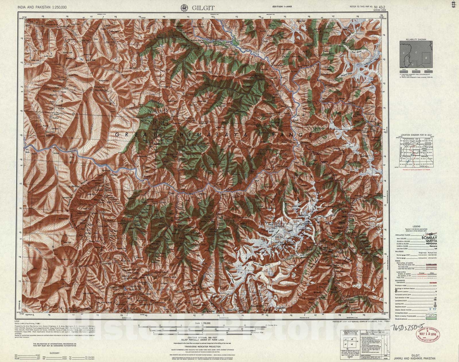 Historic 1955 Map - India and Pakistan 1:250,000. - Gilgit, Jammu and ...