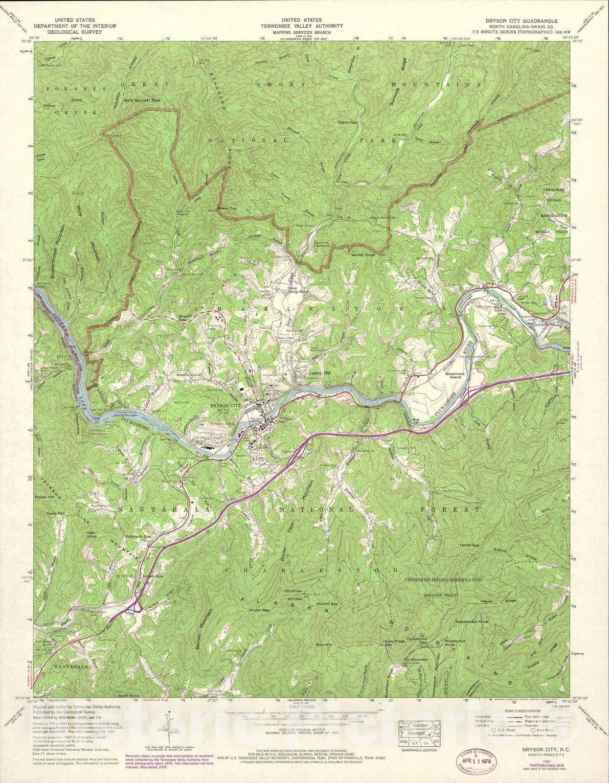 Historic 1935 Map - North Carolina. - Scale 1:24,000 (1978) - Bryson C ...