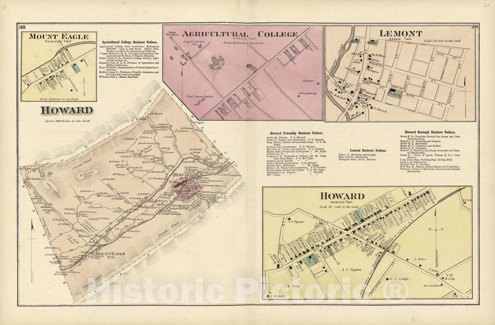 Historic 1874 Map - Atlas of Centre County, Pennsylvania - Howard; Mou ...