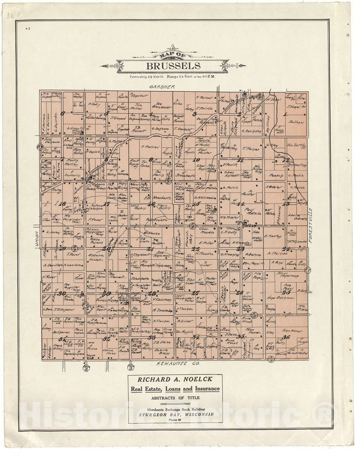 Historic 1914 Map - Atlas of Door County, Wisconsin - Map of Brussels ...