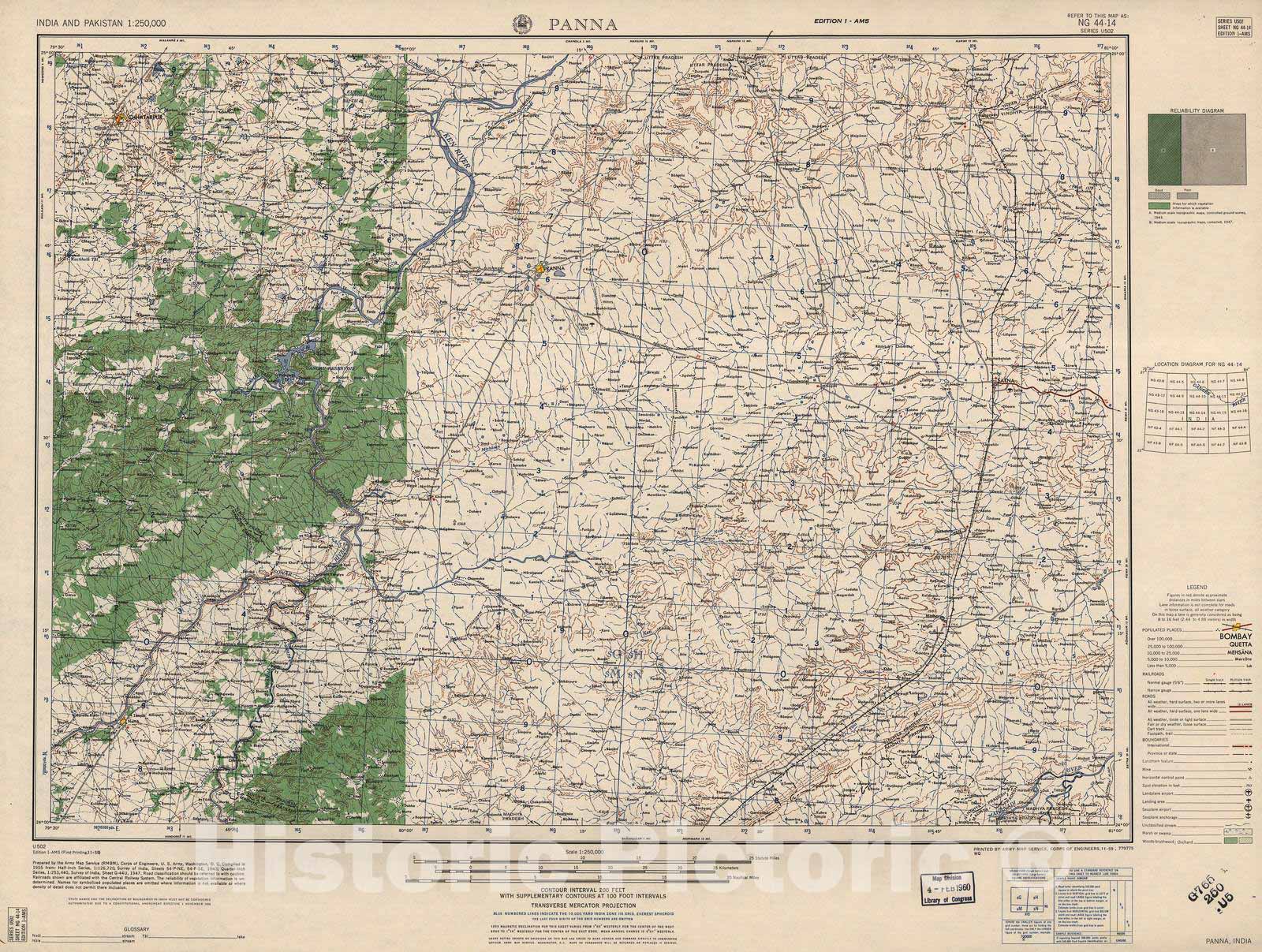 Historic 1955 Map - India and Pakistan 1:250,000. - Panna, India 1959 ...