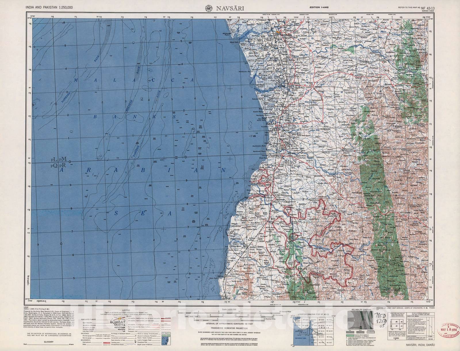 Historic 1955 Map - India and Pakistan 1:250,000. - Navsari, 1956 ...