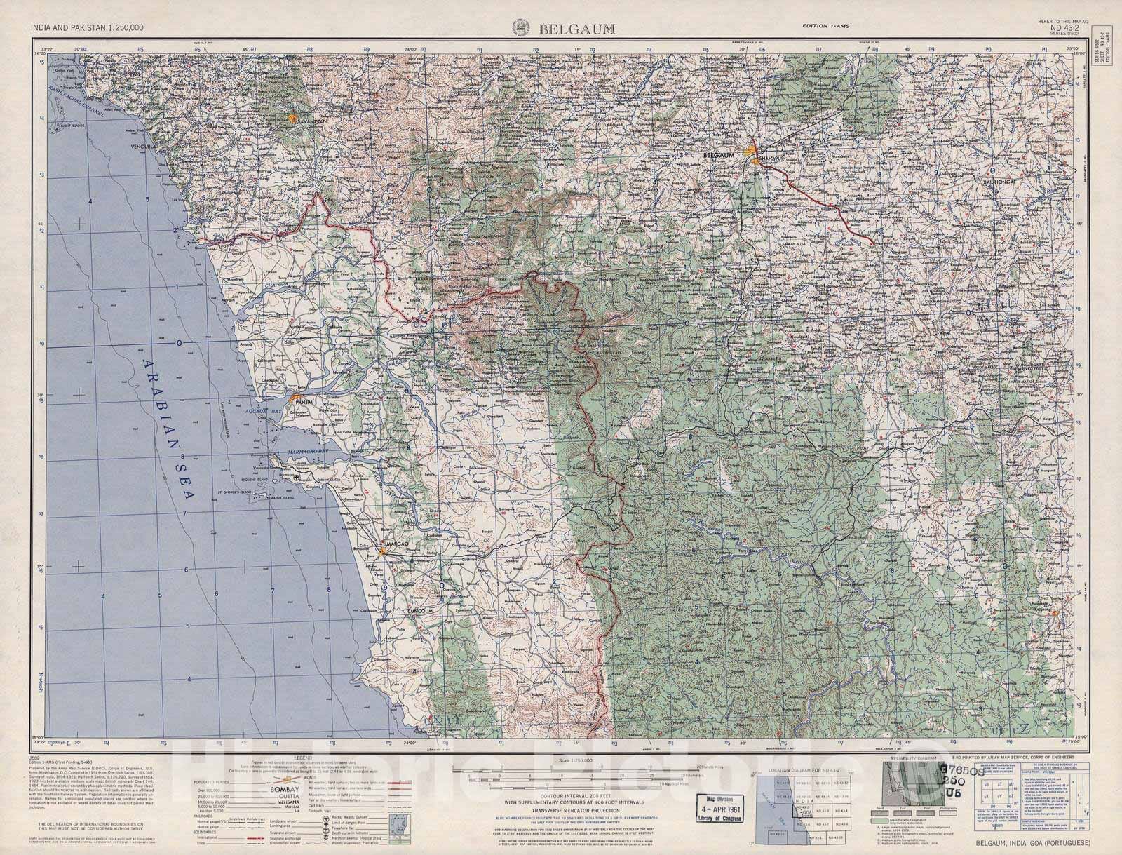 Historic 1955 Map - India and Pakistan 1:250,000. - Belgaum, 1960 ...