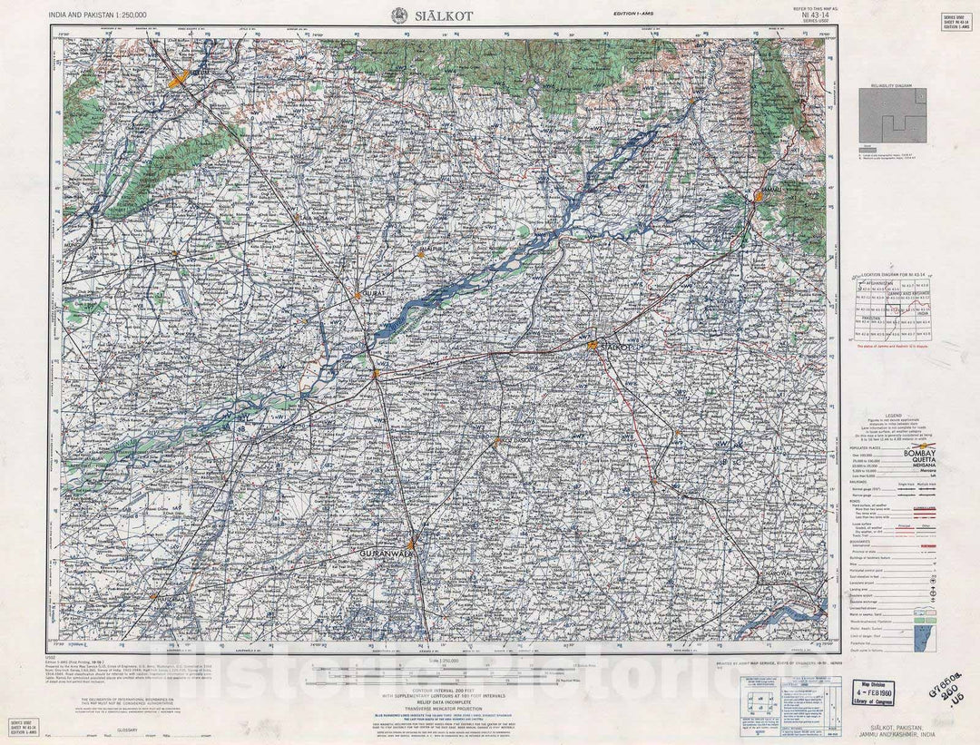 Historic 1955 Map - India and Pakistan 1:250,000. - Sialkot, 1959 ...