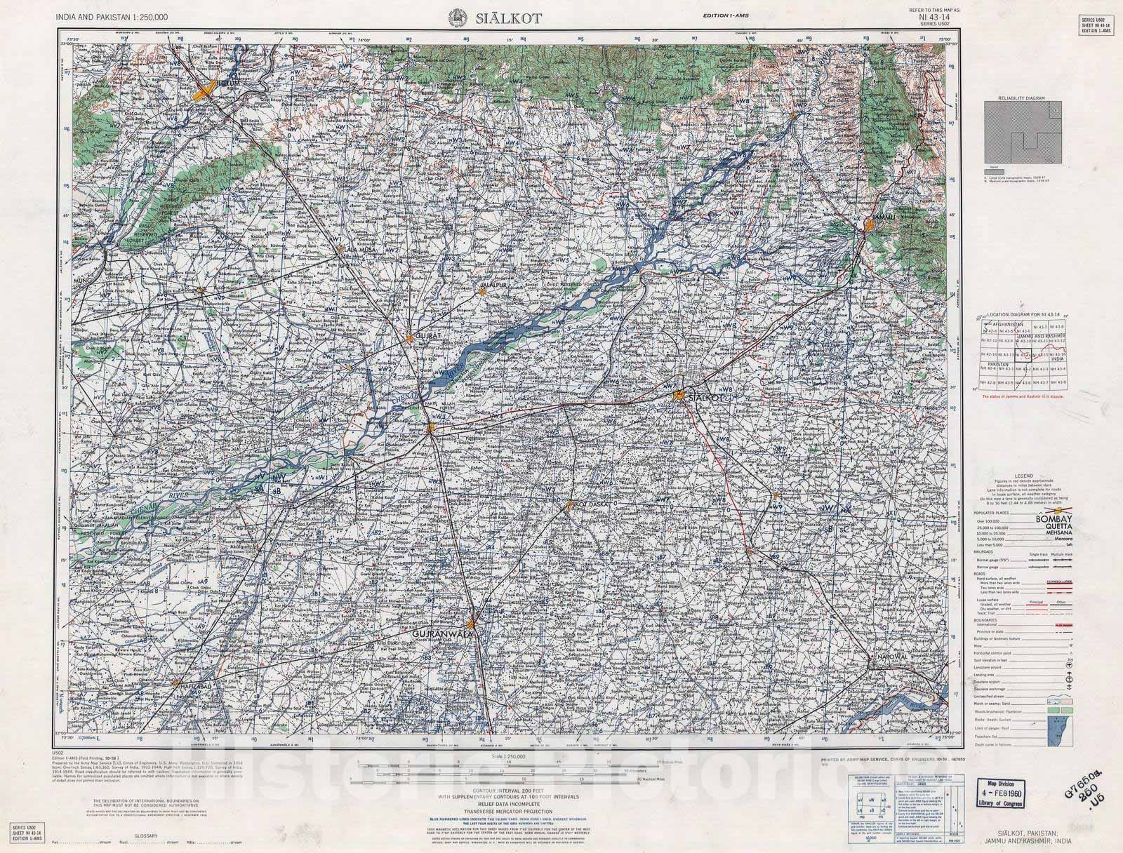 Historic 1955 Map - India and Pakistan 1:250,000. - Sialkot, 1959 ...