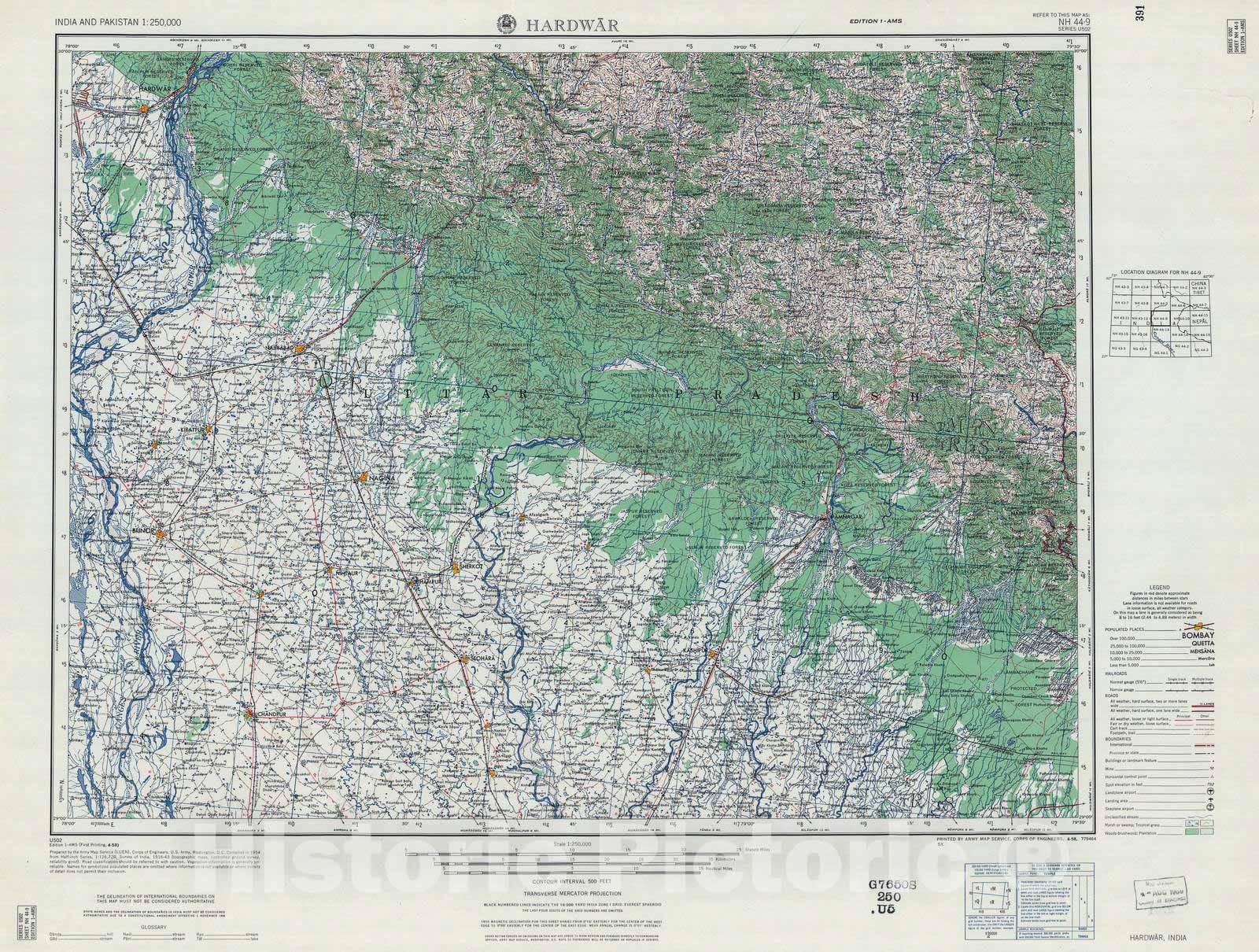 Historic 1955 Map - India and Pakistan 1:250,000. - Hardwar, 1958 ...