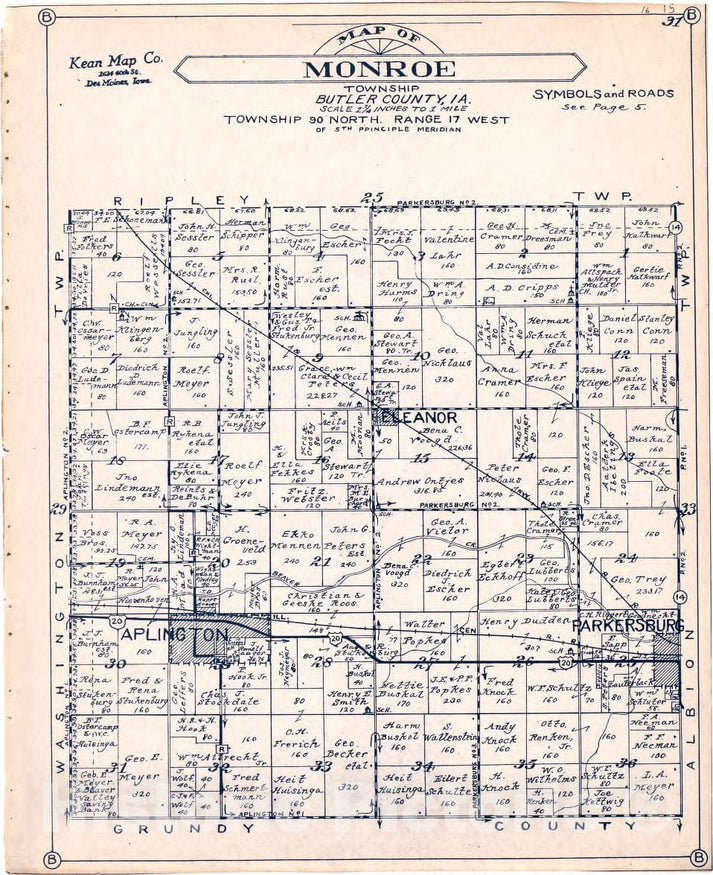 Historic 1930 Map - Atlas of Butler County, Iowa. - Map of Monroe Town ...