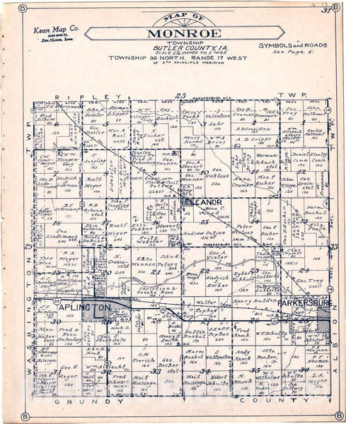 Historic 1930 Map - Atlas of Butler County, Iowa. - Map of Monroe Town ...