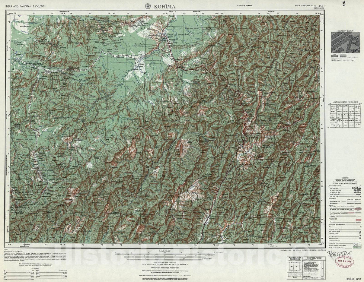 Historic 1955 Map - India and Pakistan 1:250,000. - Kohima, India 1956 ...