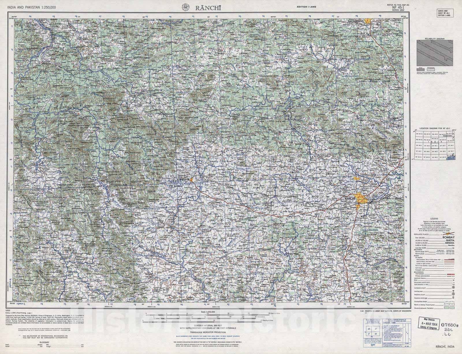 Historic 1955 Map - India and Pakistan 1:250,000. - Ranchi, 1962 ...