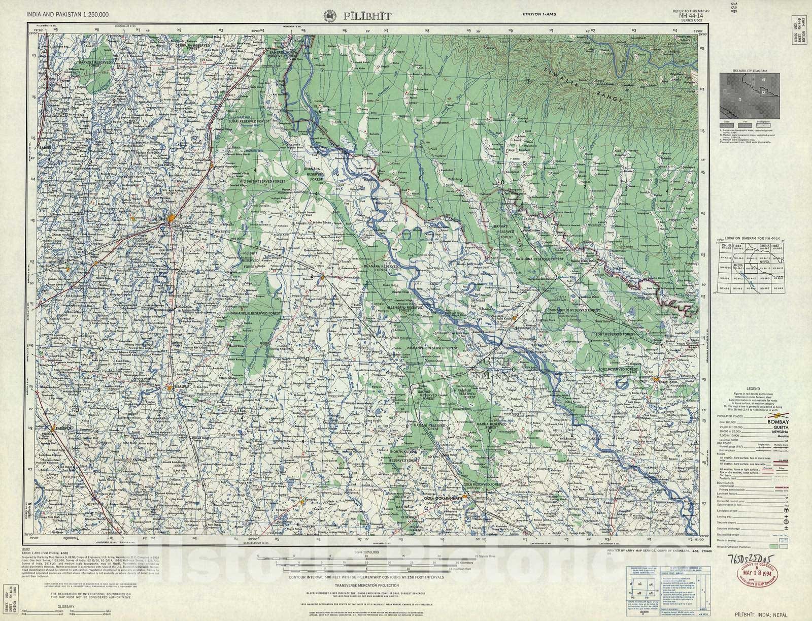 Historic 1955 Map - India and Pakistan 1:250,000. - Pilibhit, India, N ...