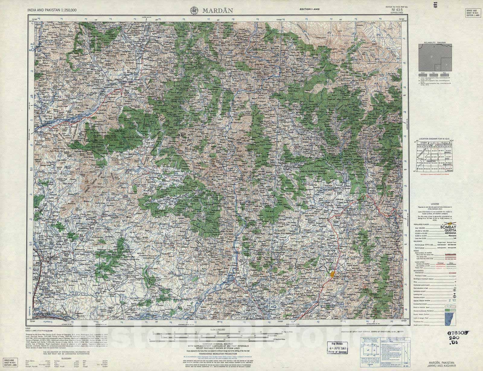Historic 1955 Map - India and Pakistan 1:250,000. - Mardan, Pakistan ...