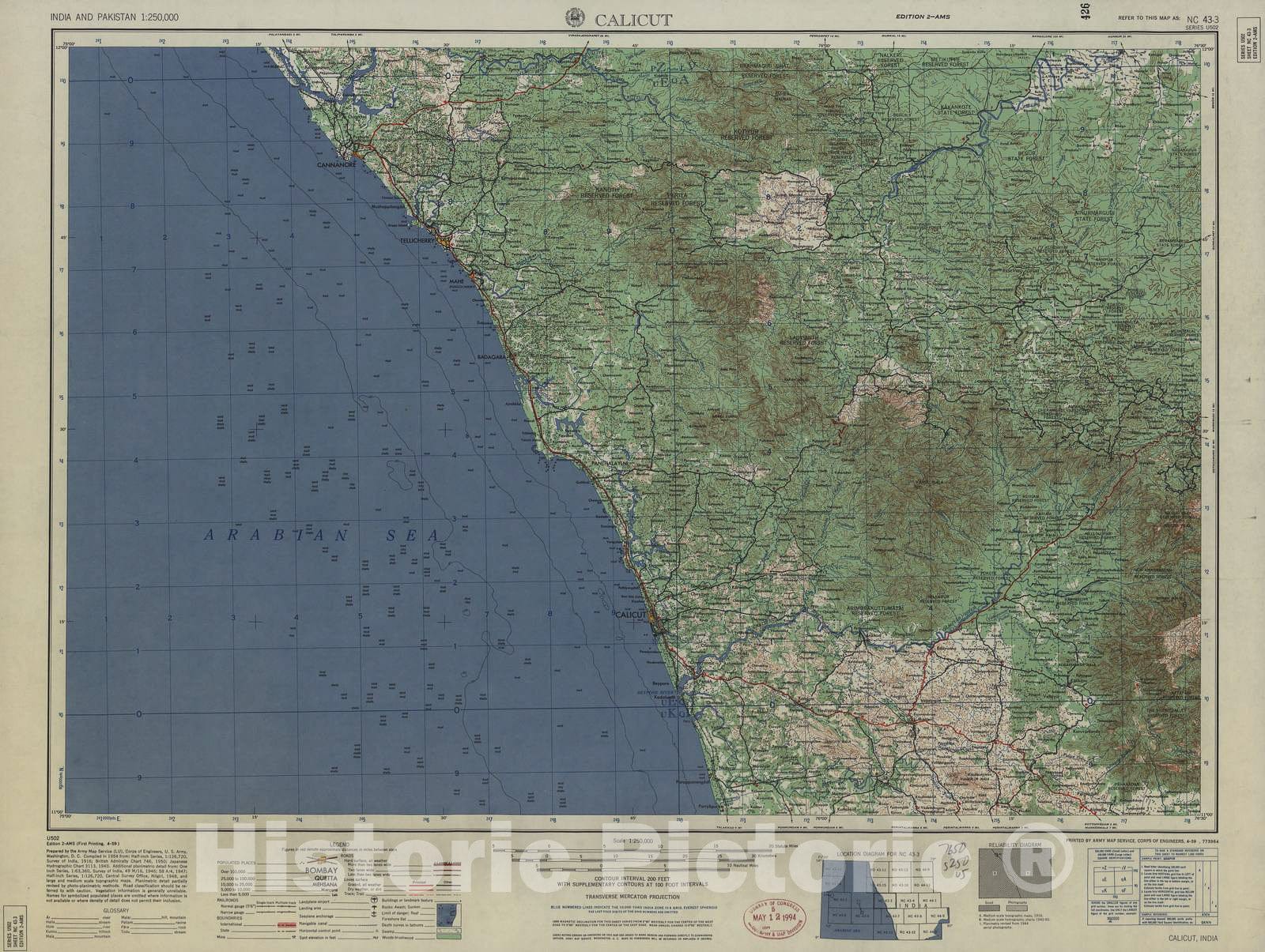 Historic 1955 Map - India and Pakistan 1:250,000. - Calicut, 1959 ...