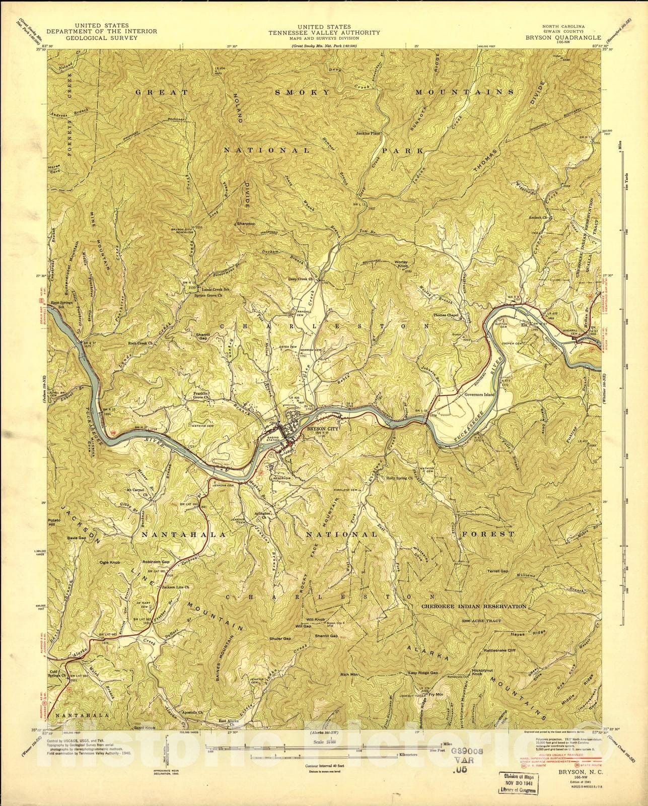 Historic 1935 Map - North Carolina. - Scale 1:24,000 (1941) - Bryson ...