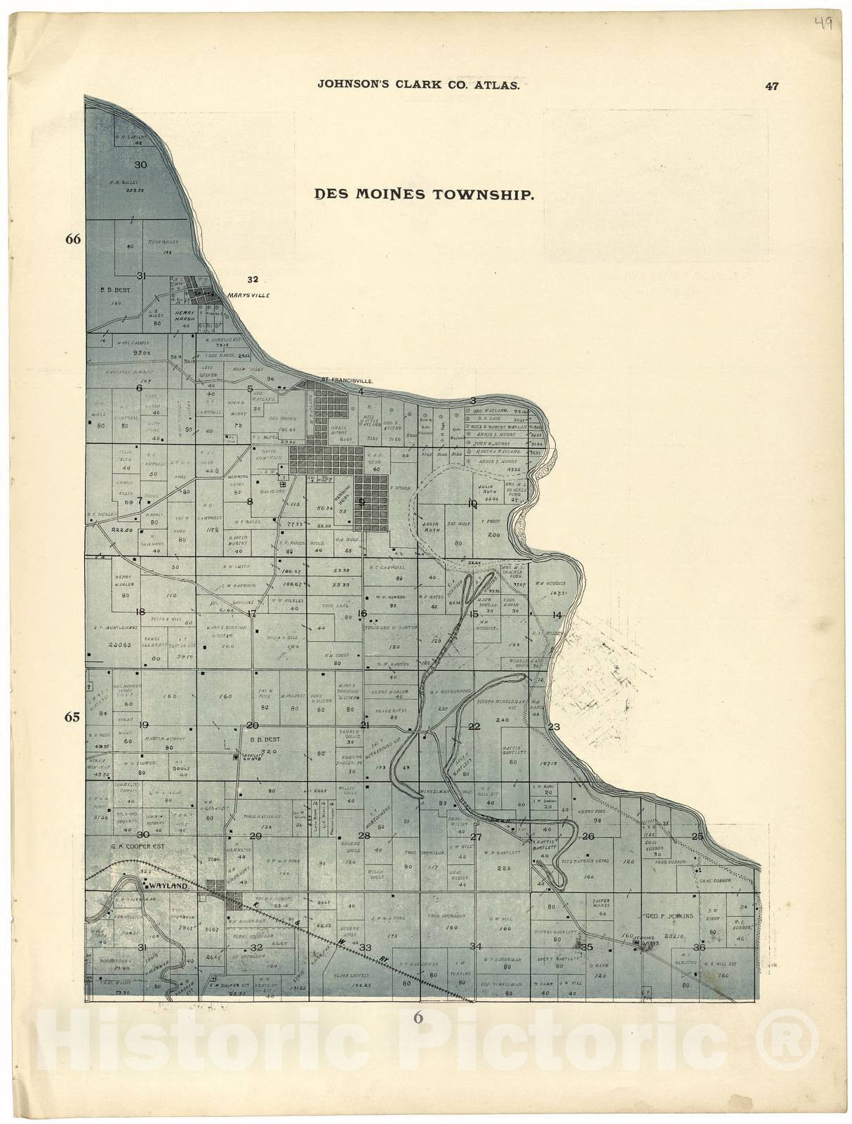 Historic 1896 Map - Johnson's Atlas, Clark County, Missouri - Des Moin ...