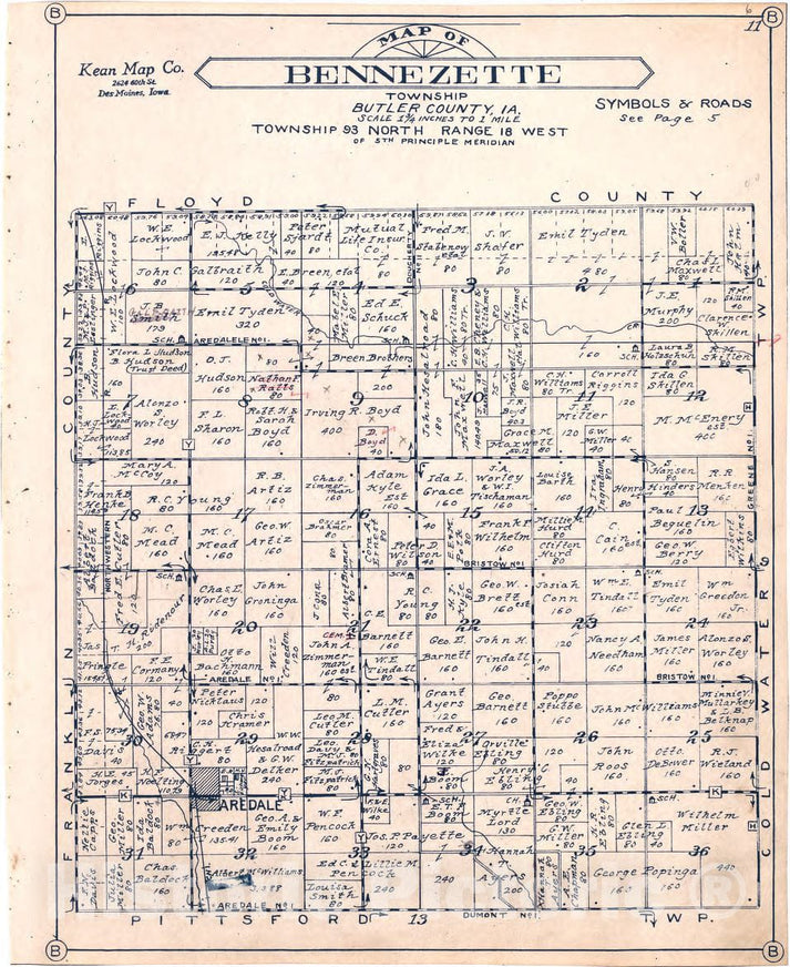 Historic 1930 Map - Atlas of Butler County, Iowa. - Map of Bennezette ...