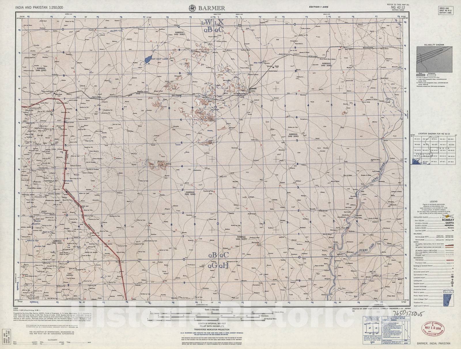 Historic 1955 Map - India and Pakistan 1:250,000. - Barmer, India, Pak ...