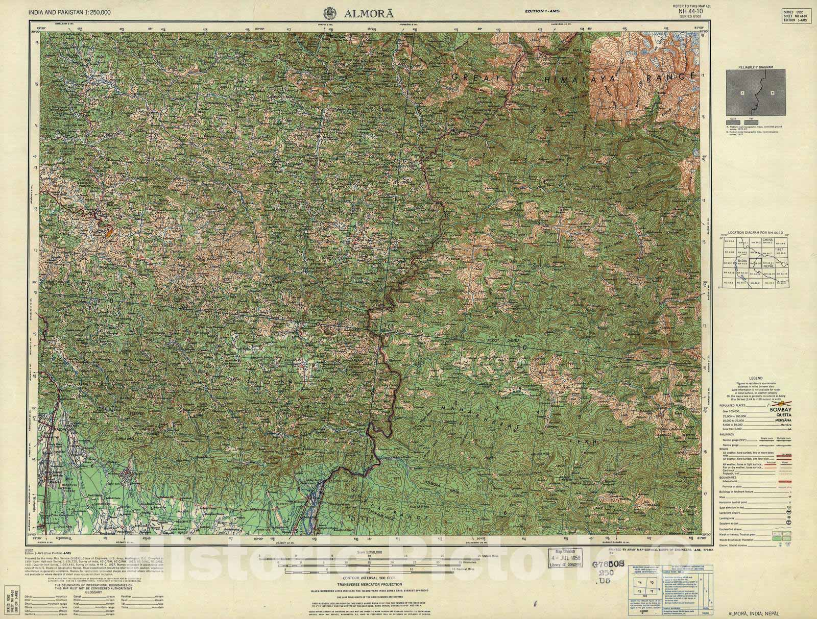 Historic 1955 Map - India and Pakistan 1:250,000. - Almora, India, Nep ...