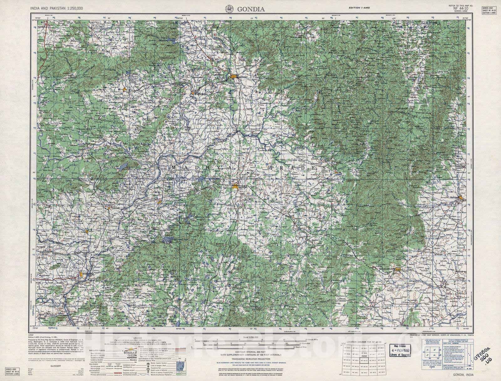 Historic 1955 Map - India and Pakistan 1:250,000. - Gondia, 1959 ...