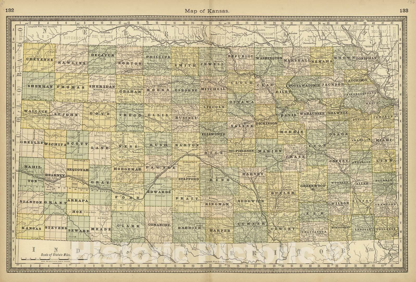 Historic 1882 Map - Historical Hand-Atlas, Illustrated - Map of Kansas ...