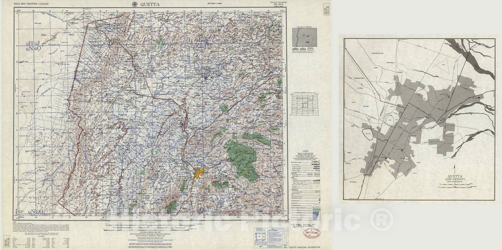 Historic 1955 Map - India and Pakistan 1:250,000. - Quetta, Pakistan ...