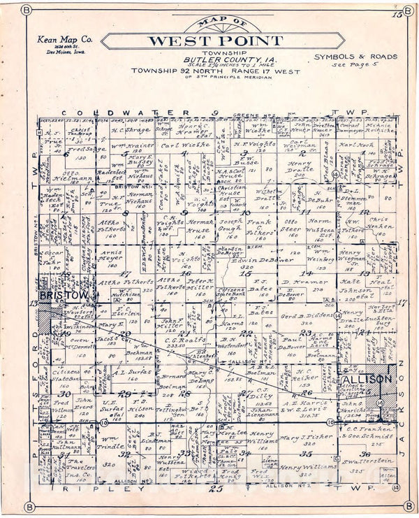 Historic 1930 Map - Atlas of Butler County, Iowa. - Map of West Point ...