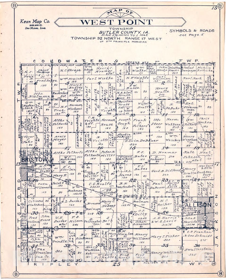 Historic 1930 Map - Atlas of Butler County, Iowa. - Map of West Point ...
